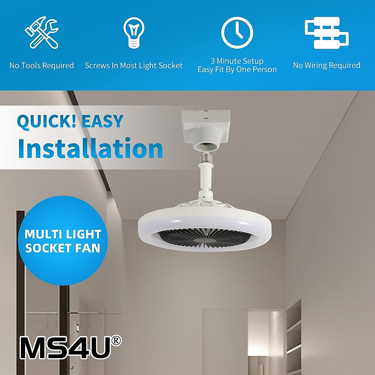 MS4U 10" Multi-Directional Light Socket Fan with Remote, Screw in Ceiling Fan in Light Socket for Enhanced and Adjustable Comfort