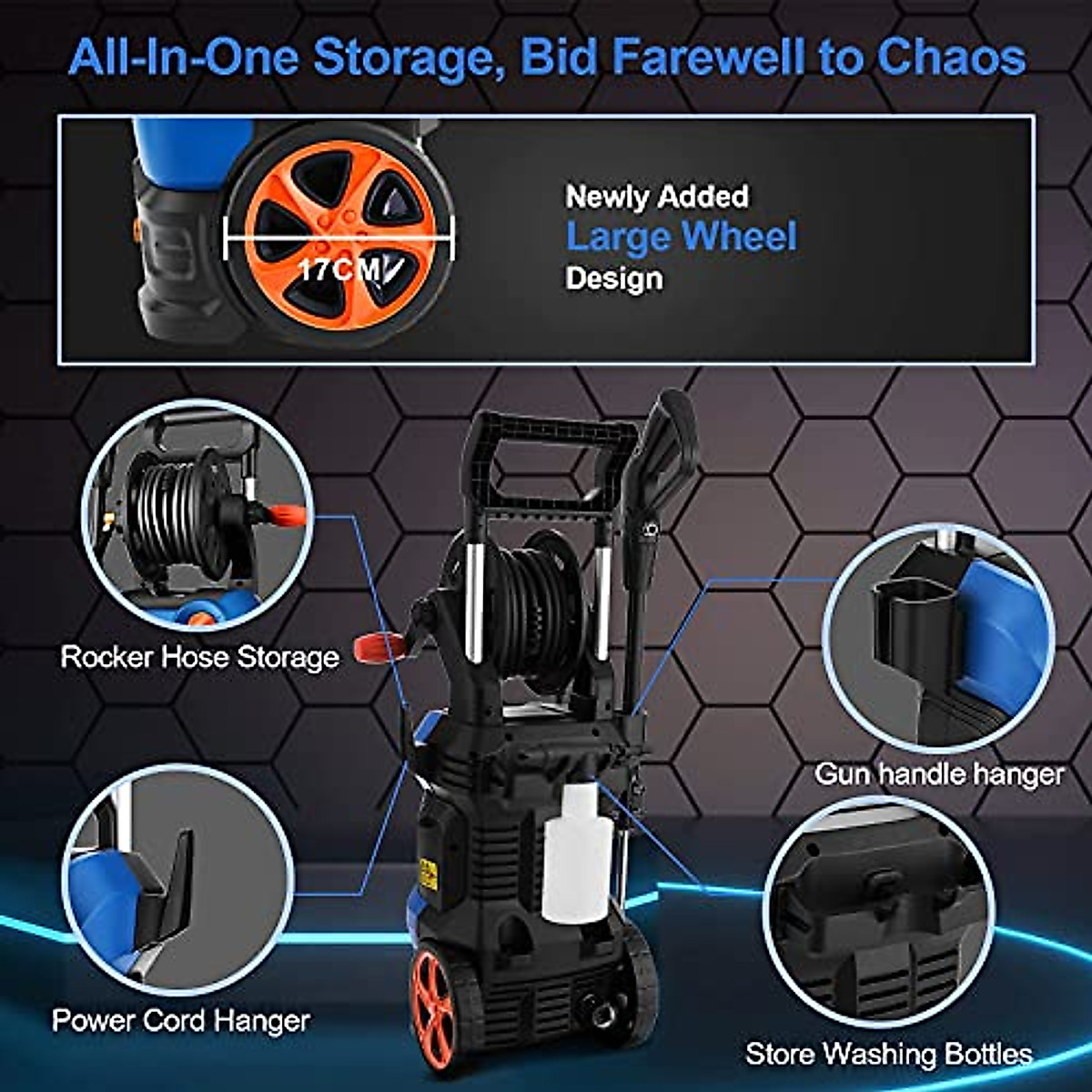 Electric Pressure Washer, 1800W High Power Washer, 2.11GPM Professional Electric Pressure Cleaner Machine with 4 Nozzles Foam Cannon,Best for Homes, Patios, Garden, Blue