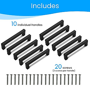 PARTILIA Matte Black Cabinet Pulls for Kitchen and Bathroom Drawers, Doors, Pantry, and Cupboards, 10 Pack, 5 Inch Hole-to-Hole Stainless Steel Handles, Modern Farmhouse Hardware