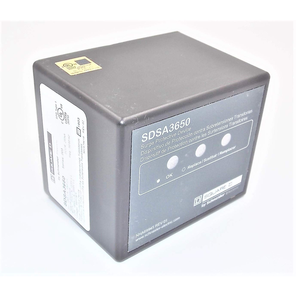 SCHNEIDER ELECTRIC Load Center 3Ph Secondary Surge Arrestor SDSA3650 SPD T1 Sdsa 40Ka 600V Max 3P4W, Black