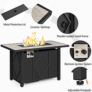 Yaheetech Propane Fire Pit 43in, Rectangle Propane Fire Pit Table 50,000 BTU Firepit with Ceramic Tabletop & Steel Base, Glass Fire Stones & Water-Resistant Cover for Outside