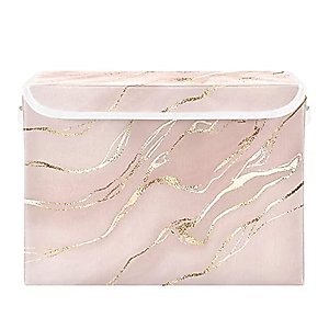 Kigai Storage Basket Rose Gold Abstract Marble Storage Boxes with Lids and Handle, Large Storage Cube Bin Collapsible for Shelves Closet Bedroom Living Room, 16.5x12.6x11.8 In