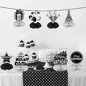 8PCS Black White Silver Birthday Decorations Honeycomb Centerpieces for Women Men, Black White Happy Birthday Table Centerpieces Party Supplies, 16th 21st 30th 40th 50th Birthday Table Topper Decor