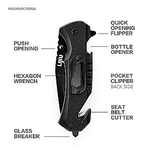 LI JIU Folding Pocket Knife - 8 inch Tactical Knife, made of high-carbon steel, Aluminum handle & Pocket Clip, Multifunctional design (Black)