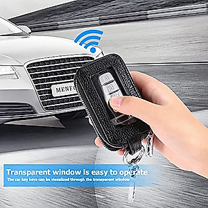 Car Key Fob Case, Genuine Leather Remote Keychain Bag with Lanyard and Zipper Closure, Key Protection Cover for Men Women (Black)