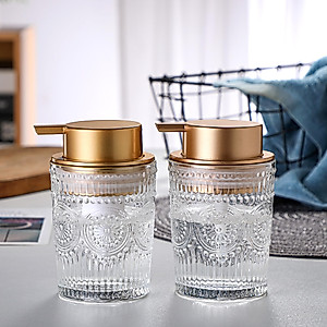 MKLZ 8 Oz Glass Foam Soap Dispenser, Clear Hand Liquid Bottles with Gold Plastic Pump, Refillable Round Foaming Lotion Dispensing for Kitchen Sink & Bathroom Counter