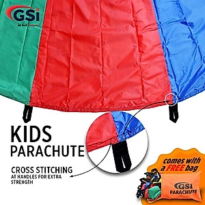 GSi Kids Play Parachute 24 Ft, 30Ft, 35Ft Toy with Handles and Carry Bag for Cooperative Play and for Upper-Body Strength | Multi-Colored
