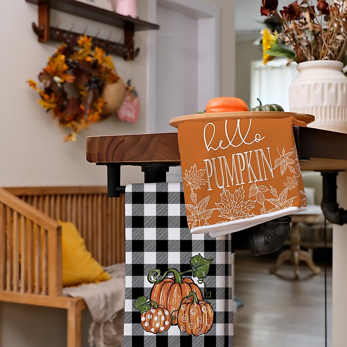 ARKENY Fall Kitchen Towels Set of 2,Black Buffalo Check Pumpkin Autumn Dish Towels 18x26 Inch Drying Dishcloth,Farmhouse Home Decoration AD127