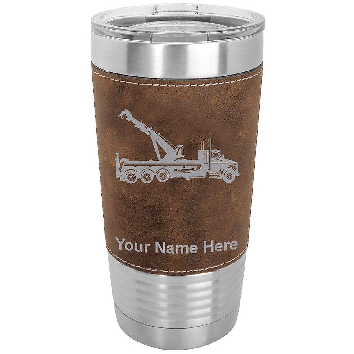 LaserGram 20oz Vacuum Insulated Tumbler Mug, Tow Truck Wrecker, Personalized Engraving Included (Faux Leather, Rustic)