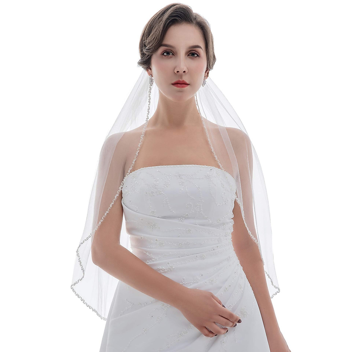 SAMKY 1T 1 Tier Double Row Wavy Pearl Crystal Edge Veil - Light Ivory Fingertip 36" V489