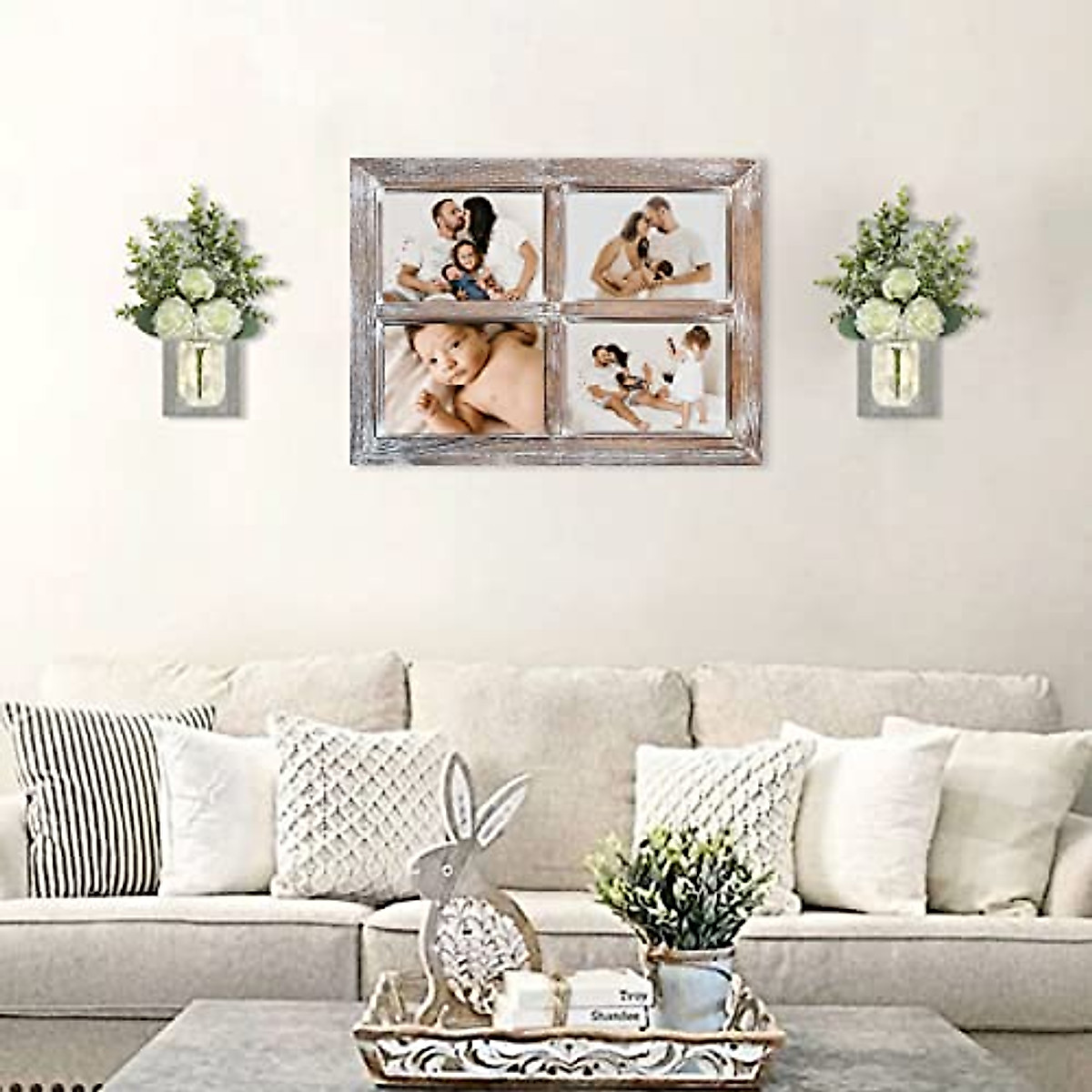 TenXVI Designs Remote Controlled Mason Jar Sconces with Roses and Eucalyptus - Set of 2 - Rustic Farmhouse, Boho, Country Western Home Wall Decoration for a Dining Room, Living Room, Bedroom - Gray