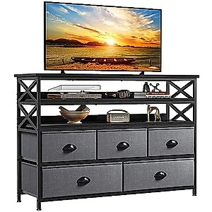 EnHomee Dresser TV Stand for Bedroom Entertainment Center with Fabric Drawers up to 55''TV Media Console Table with Wood Open Shelves Storage Drawer Dresser for Bedroom, Living Room, Entryway, Grey