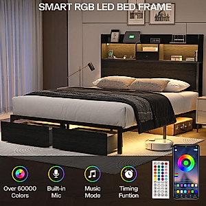 DOGIBIXO Queen Bed Frame with Tall Bookcase Headboard and LED Lights, 51.2" Metal Platform Bed Frames with Storage Drawers & Charging Station, No Box Spring Needed, Easy Assembly, Noise Free, Black