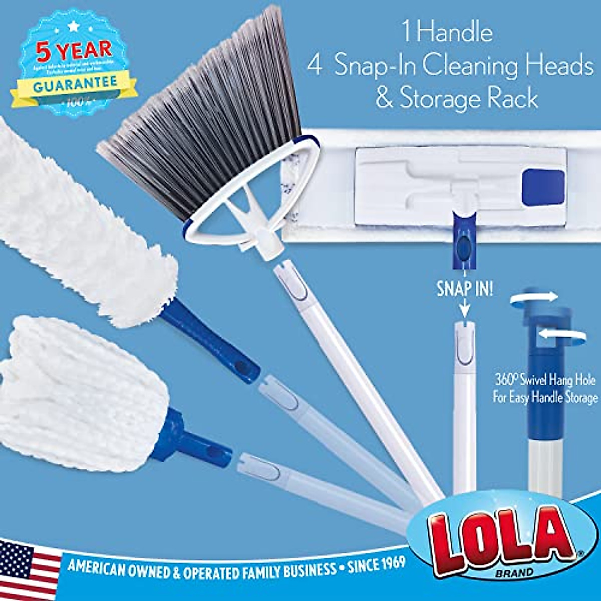 Lola Products 6-in-1 Cleaning Kit & Storage System | SPACE SAVER | 3 Mops, 1 Broom, 1 Storage Rack & 1 Handle | Cleans Dirt, Grime, Dust, & Pet Hair | Wall Mount Holder, Floor Cleaner & Dusting
