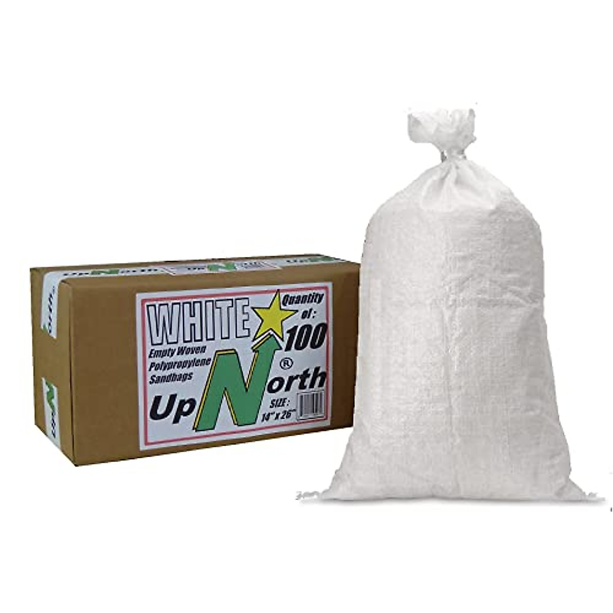 UpNorth Sandbags - Box of 100 - Empty Woven Polypropylene Sand Bags w/Ties, w/UV Protection; size: 14" x 26", color: White