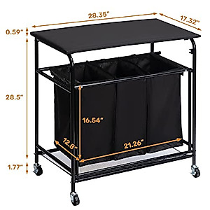 HollyHOME 3 Section Rolling Laundry Sorter Cart with Fixed Ironing Board Laundry Hamper Room Organization with 4 Wheels and Table Top Lid Removable Bags Black