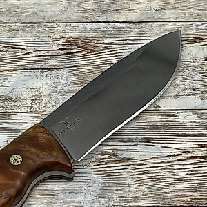Golden Horn Expert in Handcraft Hunting Knife Camping Knife with Personalized Wood Handle and Leather Sheath for Gift Walnut Handle Bohler N690 Bushcraft Knife