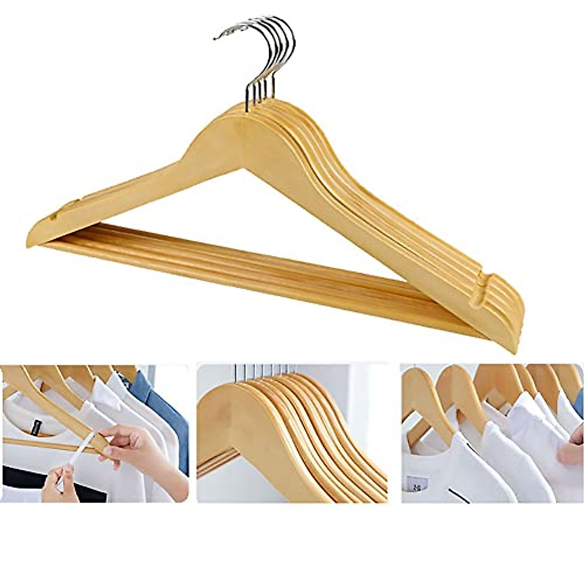 Gerneric 20 Pack Set Wooden Hangers Semi Contoured Hanger Solid Wood Coat Hangers with Stylish Chrome Hooks - Heavy-Duty Clothes, Jacket, Shirt, Pants, Suit Curved Hangers Brown