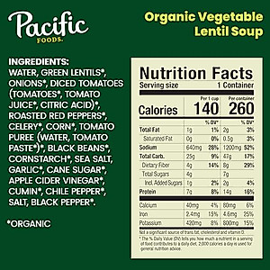 Pacific Foods Organic Vegetable Lentil Soup, Vegan Soup, 16.3 oz Can