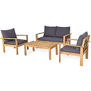 HAPPYGRILL 4-Piece Patio Furniture Set Outdoor Conversation Sofa Table Set with Cushions, Acacia Wood Chairs & Coffee Table Set for Garden Backyard Poolside