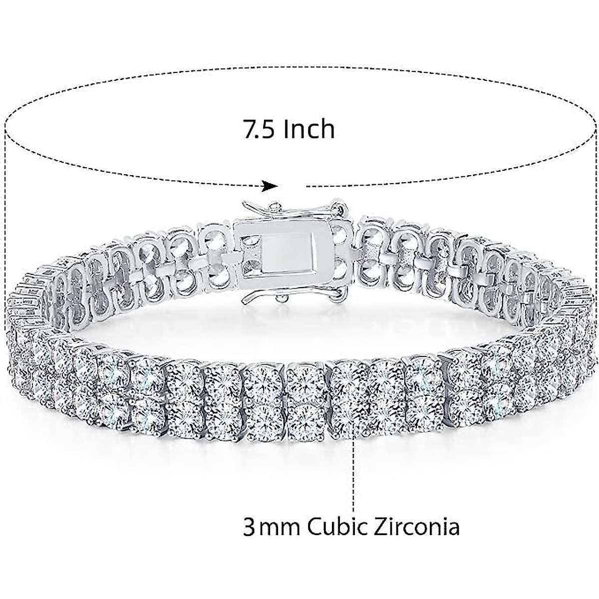 Gemsme Double Row Tennis Bracelet for Women Men 18K White Gold Plated Classic Hypoallergenic Sparkling 3.0mm Cubic Zirconia Bracelets 7.5 Inch