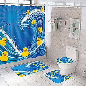 Posienr 4 Piece Cartoon Yellow Duck Shower Curtain Set, Blue Ocean Waves Bathroom Set Includes Non-Slip Carpet, Toilet Seat and U-Pad, Waterproof Shower Curtain with 12 Hooks for Bathroom Decor