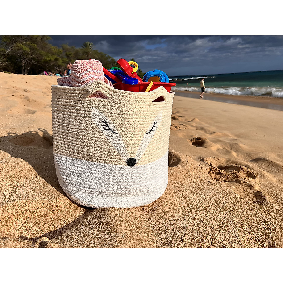 Large Cotton Rope Basket with Cute Animal Design - Unisex Bed & Bath Toy Bin Serves as Woven Laundry Basket & Nursery Hamper for Babies, Toddlers, Girls & Boys - Sturdy & Kid-Safe, 14" x 14 "