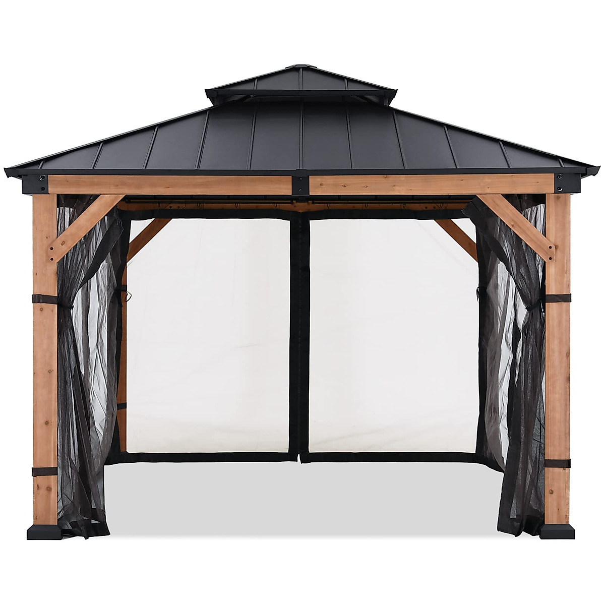 ABCCANOPY Wood Gazebo 11x11 - Outdoor Patio Wooden Gazebo with Hardtop Metal Double Roof with Mosquito Netting for Garden, Backyard and Deck