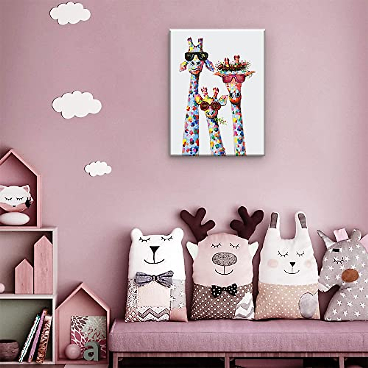 Giraffe Family Canvas Wall Art Animal Poster Prints Picture With Frame for Living Room Bedroom Nursery Office Kids Room Decor Gifts for Boy Girl and Babies(Lovely Giraffe, 16inchx12inch)
