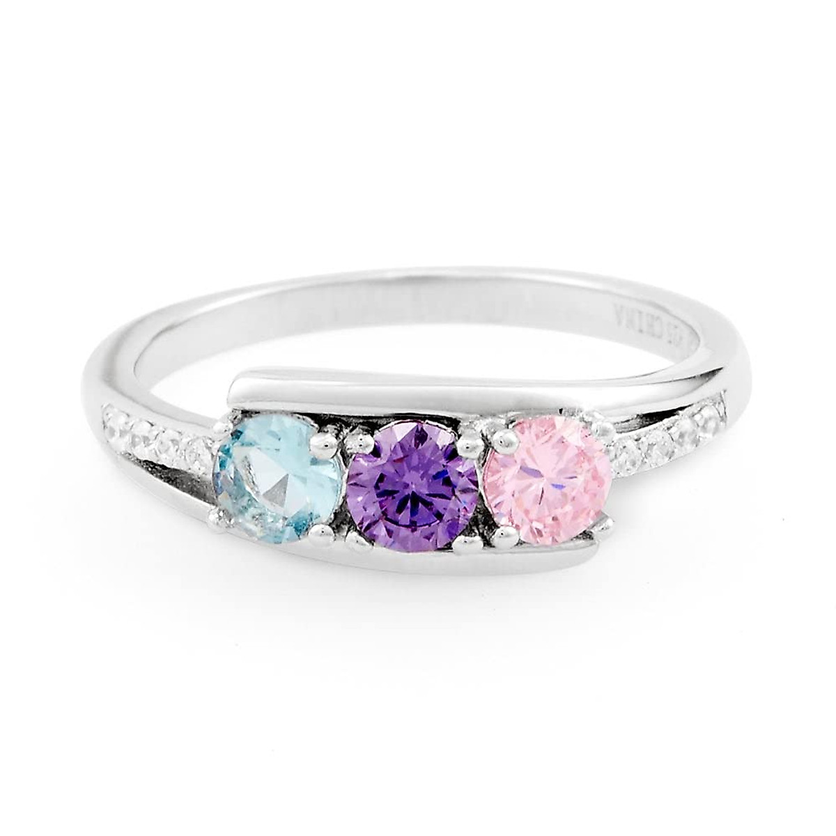 EVE'S ADDICTION Women's Personalized Sterling Silver 3 Stone Simulated Birthstone Ring (ring size 7) - Custom Birthstone Ring for Mom - Mother's Jewelry - Gifts for Mom