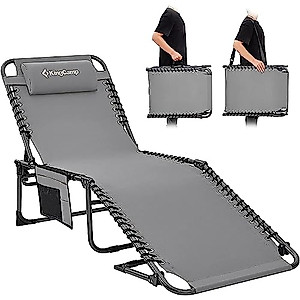 KingCamp Chaise Lounge Outdoor 5-Position Adjustable Patio Lounge Chair,Folding Tanning Chair for Lawn,Beach,Pool and Sunbathing,Portable Heavy-Duty Camping Reclining Chair with Pillow (1, Grey)