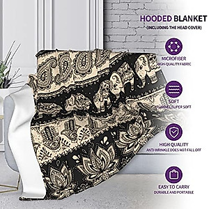 Ethnic Elephant Paisley Flannel Wearable Blanket Hoodie-Plush Warm Blanket Fleece Blankets For Bed Couch Hooded Blanket For Kids Adults Travel Throw Blankets Gift