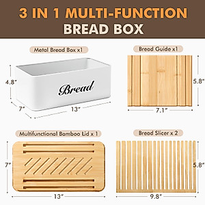ALPIRIRAL Bread Box with Bread Slicer, White Bread Storage Container for Kitchen Countertop with Multifunction Bamboo Lid, 3 in 1 Breadbox for Loaf Slicing & Tray, Bread Bin Holder for Kitchen Counter