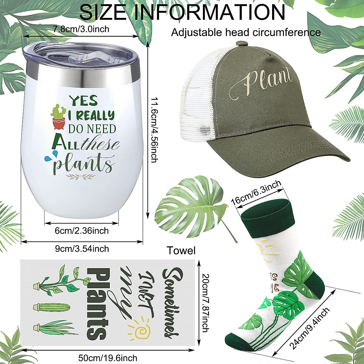 Jiuguva 4 Pcs Christmas Plant Gift Set Plant Gifts Gardening Gifts Plant Hat Funny Kitchen Towels 12 oz Wine Tumbler Cup Women's Ankle Socks Plant Gifts for Women Gardener Christmas Gift(Leaf)