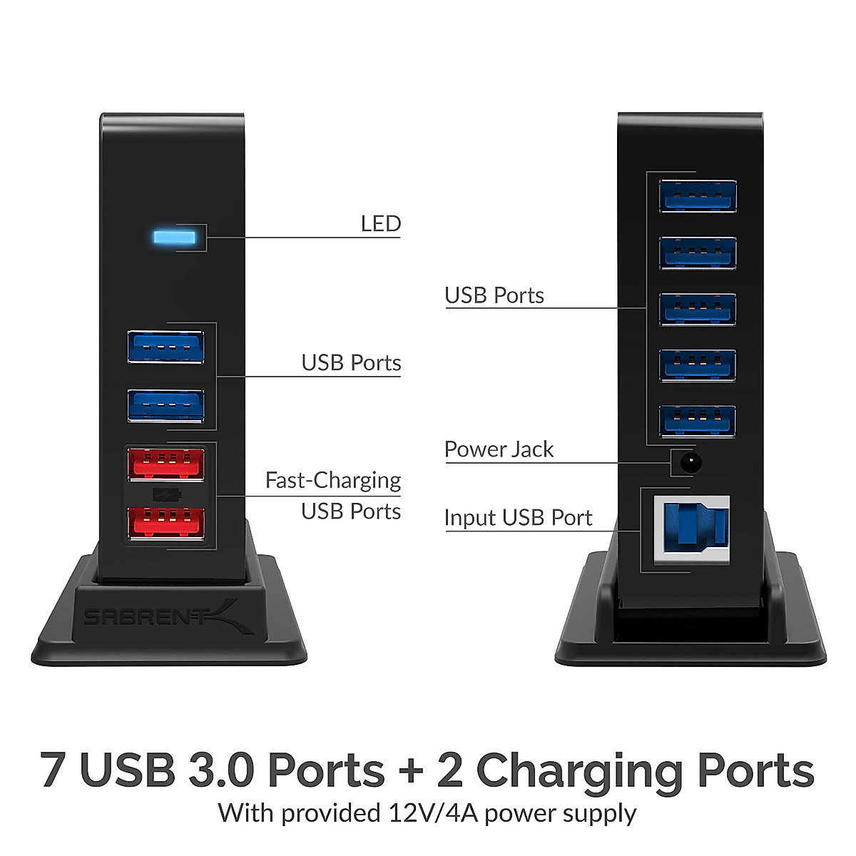 SABRENT 7 Port USB 3.0 HUB + 2 Charging Ports with 12V/4A Power Adapter [Black] (HB-U930)
