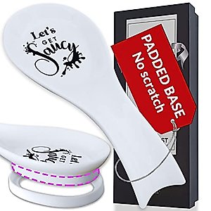 Kitchen Spoon Rest White WITH ANTI-SCRATCH PADDED BASE - Stove Spoon Holder for Stove Top - Ceramic Spoon Rest for Stove Top - Kitchen Spoon Holder for Kitchen Counter | Super Durable White Porcelain
