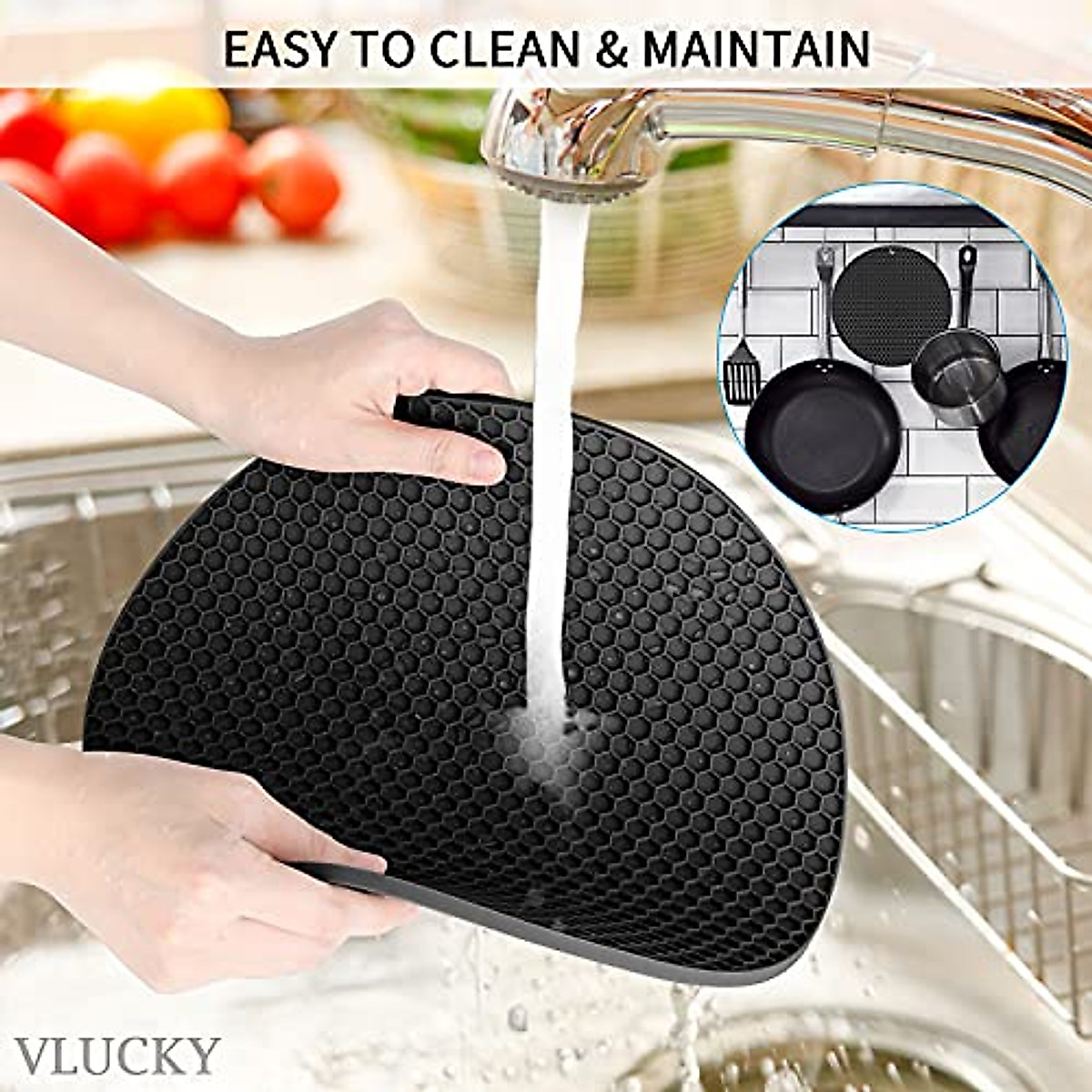 VLUCKY 2 Pack Silicone Trivet Mats, 11.8" Inch Diameter, Heat Resistant Trivet, Durable & Flexible Hot Pot Holder Hot Pads, Microwave Mat, Drying Mat, Non-Slip Jar Opener, Utensil Rest (Black)