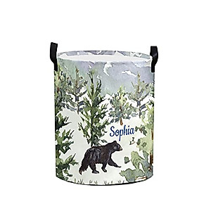 Laundry Basket Forest Bear Custom Name Laundry Bag Hamper Collapsible Oxford Cloth Home Storage Bin with Handles