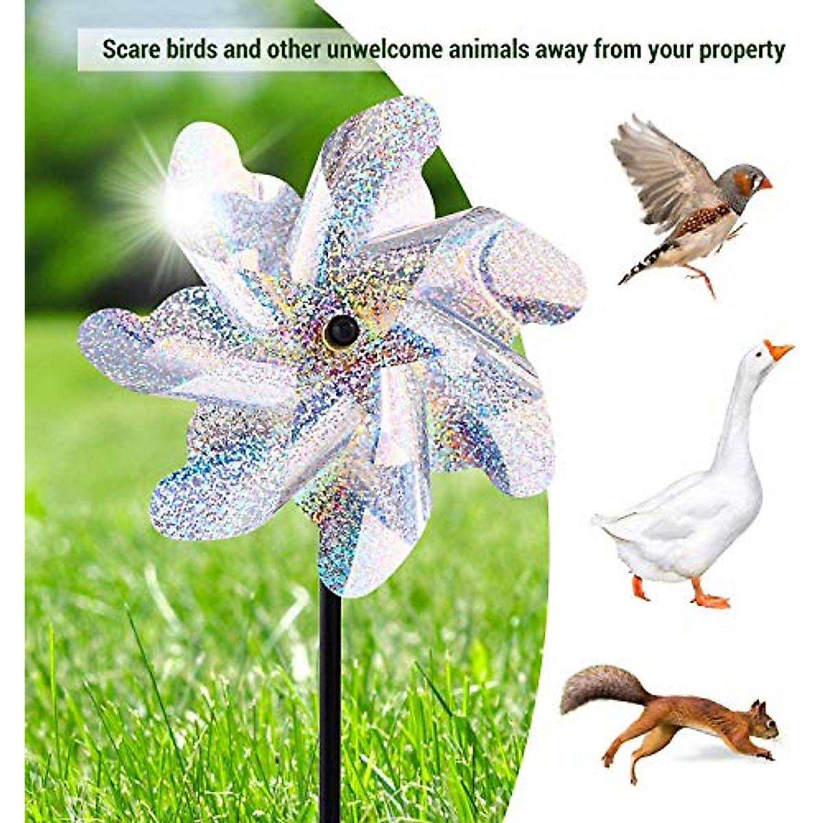 Ohuhu Reflective Pinwheels with Stakes, 10-Pack Extra Sparkly Wind Sculpture for Garden Decor Pin Wheel, Silver Wind Spinner