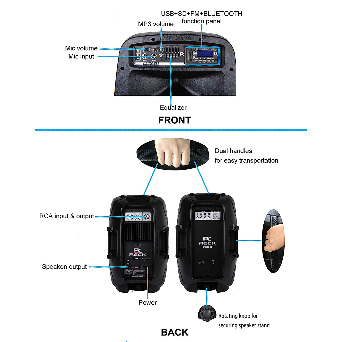 Proreck Dance 12 Portable 12-Inch 1000 Watts 2-Way Powered PA Speaker System Combo Set with Bluetooth/USB/SD Card Reader/FM Radio/Remote Control/Speaker Stand