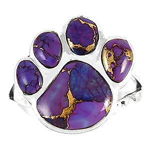 Dog Paw Sterling Silver 925 Genuine Spiny Turquoise Ring (Purple Turquoise, 10)