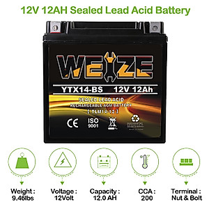 Weize YTX14 BS ATV Battery High Performance - Maintenance Free - Sealed AGM YTX14-BS Motorcycle Battery compatible with Honda Suzuki Kawasaki Yamaha scooter snowmobile