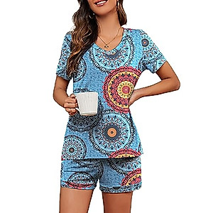 PrinStory Women's Pajama Set Short Sleeve Shirt and Shorts Sleepwear Pjs Sets with Pockets FP-Mix Blue-Small