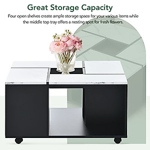 Modern Coffee Table with Storage & Casters, Coffee Tables for Living Room Cocktail Table with Removable Tray, Living Room High Gloss White Marble Top Center Table for Home Office