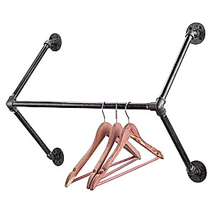 PIPE DECOR Industrial Pipe Wall Mounted Clothing Rack, Commercial or Residential Wardrobe Clothes Display, Heavy Duty Rustic Vintage Steel Grey Black Metal Garment Bracket Frame, Quad Flange Style