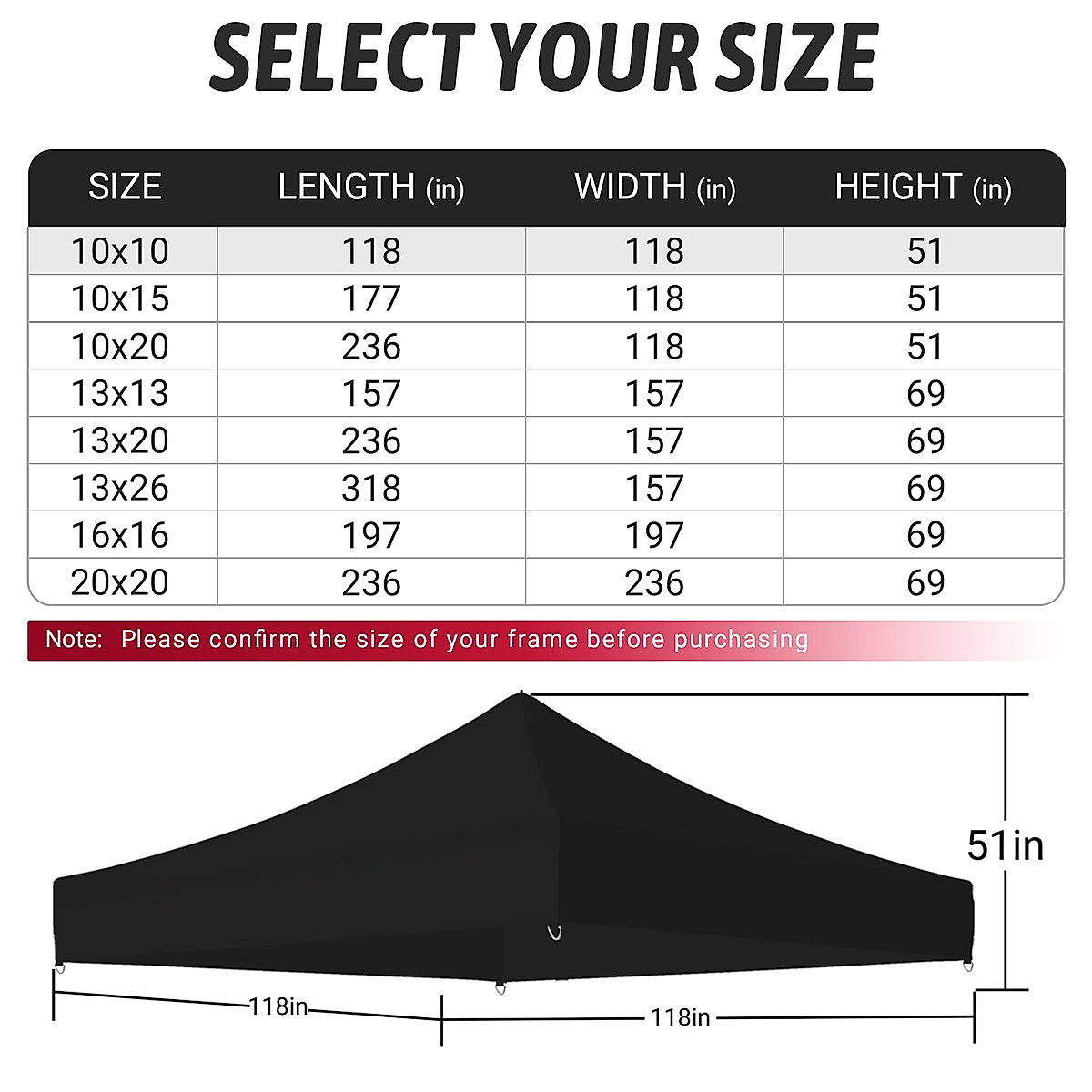 ShiningShow 10x10 Canopy Replacement Top for Pop Up Canopy Tent, UV Protection, Waterproof and Windproof Tent Roof for Outdoor Garden Patio Sun Shade, Black