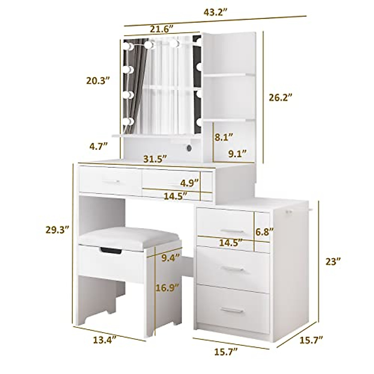 Maupvit Vanity Desk with Mirror and Lights, White Vanity with Bedside Table, 5 Drawers Large Capacity, Metal Silver Handle, Makeup Vanity with 10 Led Lights And Charging Station (White)