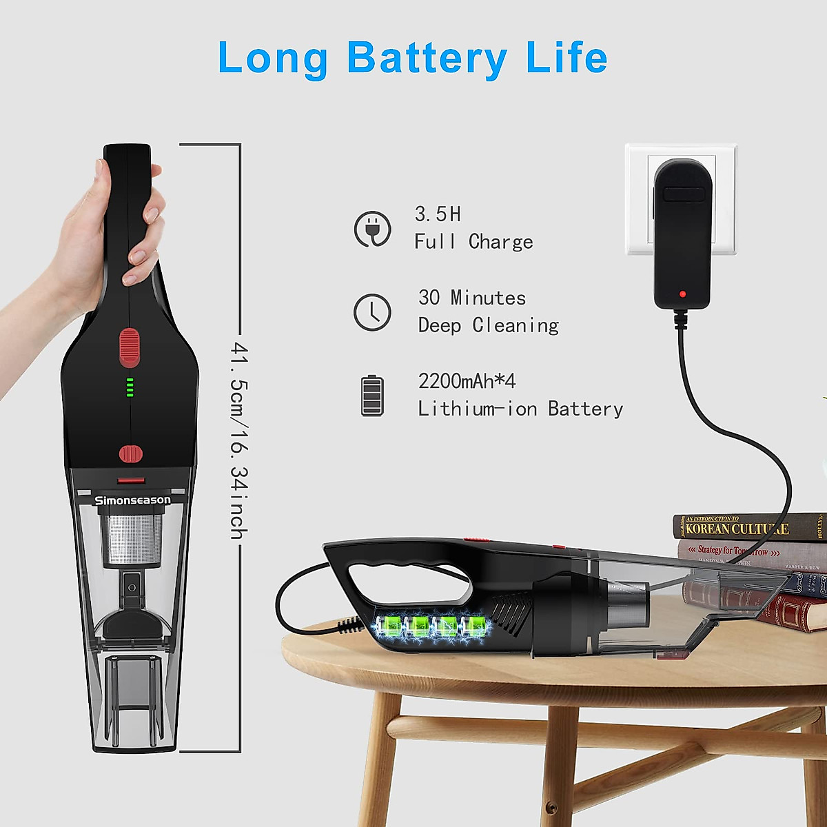 Simonseason Handheld Vacuum Cordless Rechargeable, Portable Hand Vacuum Cleaner with 8000Pa Strong Suction, Mini Hand Held Vacuum Cordless with Long Battery Life for Car, Pet Hair, Couch, Stairs
