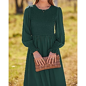 dowerme Women Casual Petal Long Sleeve Crewneck Smocked A-Line Flowy Solid Maxi Dress Fall Winter Party Cocktail Dresses(Solid Dark Green,Small)