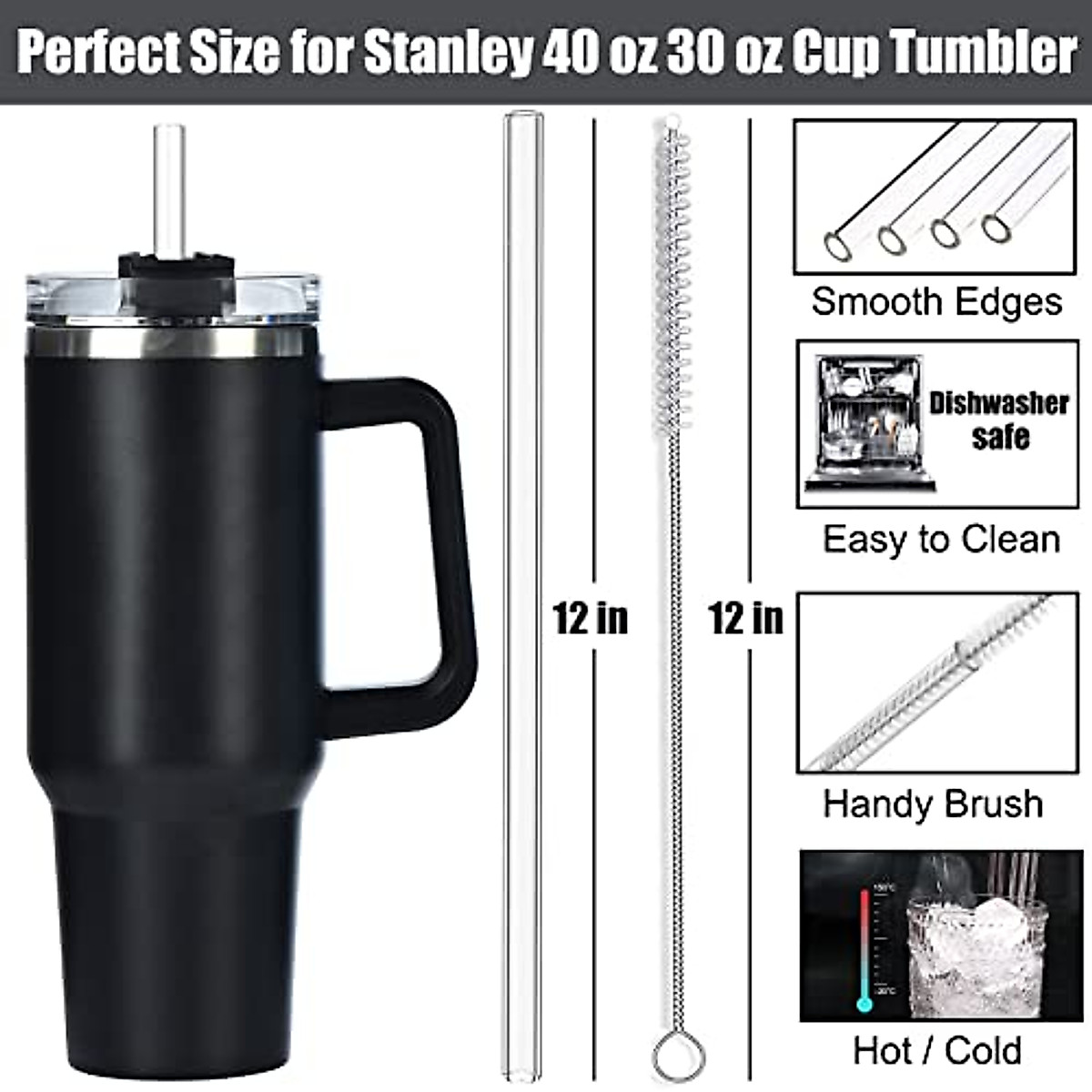 ALINK 8 Pack Replacement Glass Straws for Stanley 40 oz 30 oz Tumbler, 12 in Long Reusable Clear Straws for Stanley Cup Accessories, Half Gallon Bottle, Plus 2 Cleaning Brush